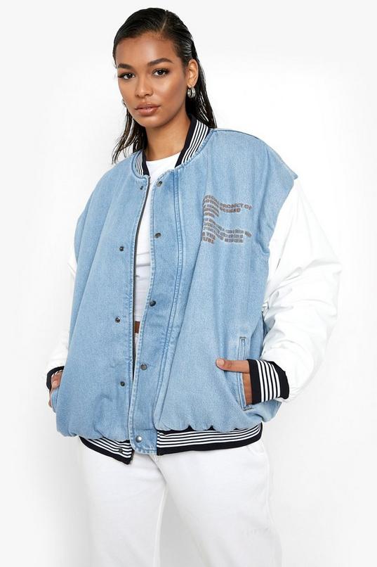 Pu Sleeve Oversized Denim Varsity Jacket | boohoo USA Pu Sleeve Oversized Denim Varsity Jacket | boohoo USA